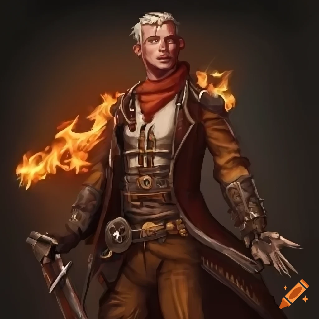 Male fire genasi gunslinger with red skin, short brown hair, and amber ...