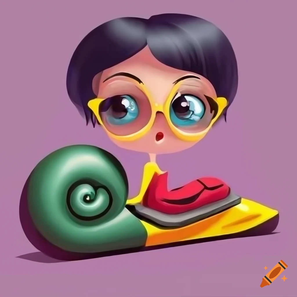 Cartoon snail in a formula 1 car with a girl's face and black hair on ...