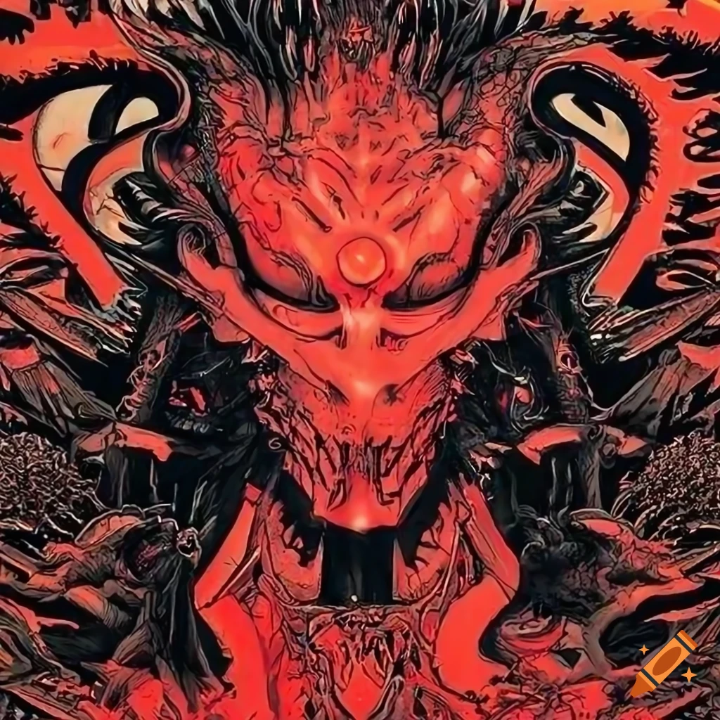 Fluorescent red and black demonic dragon kalameet with a male face in art nouveau style on Craiyon