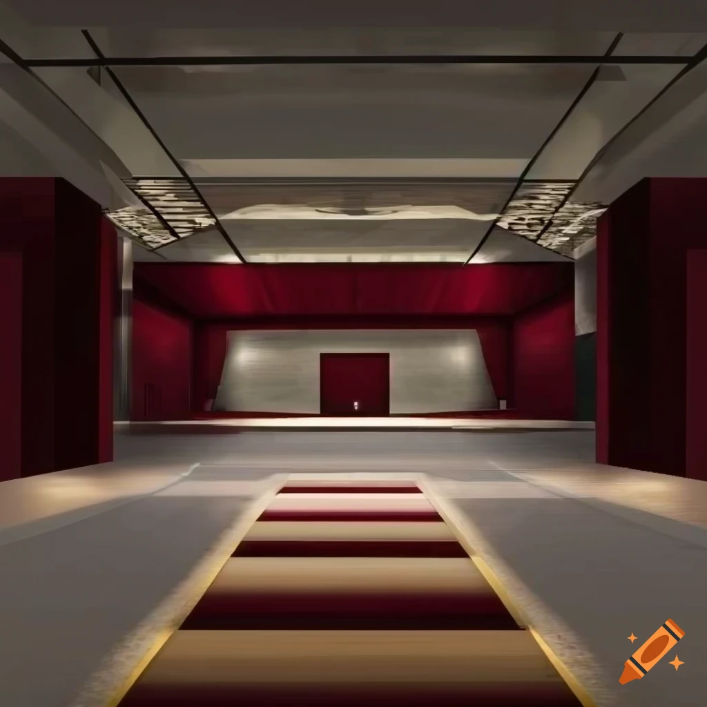 Dimly-lit modern museum lobby with maroon and gold theme on Craiyon