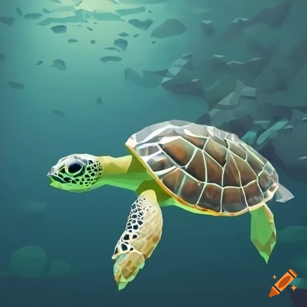 Low poly green sea turtle in coral reef on Craiyon