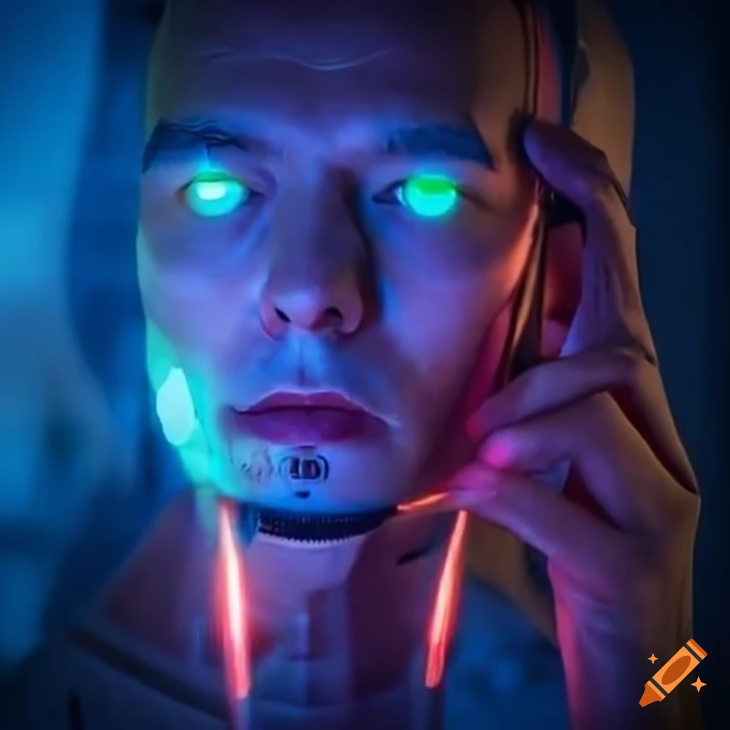 Male with cyberpunk neural implants short circuiting on Craiyon