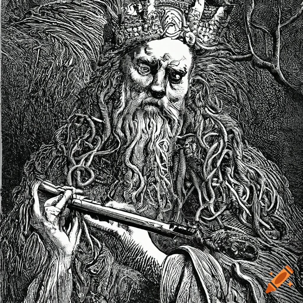 Engraving of Old Norse Pagan tree god playing a flute in black and ...