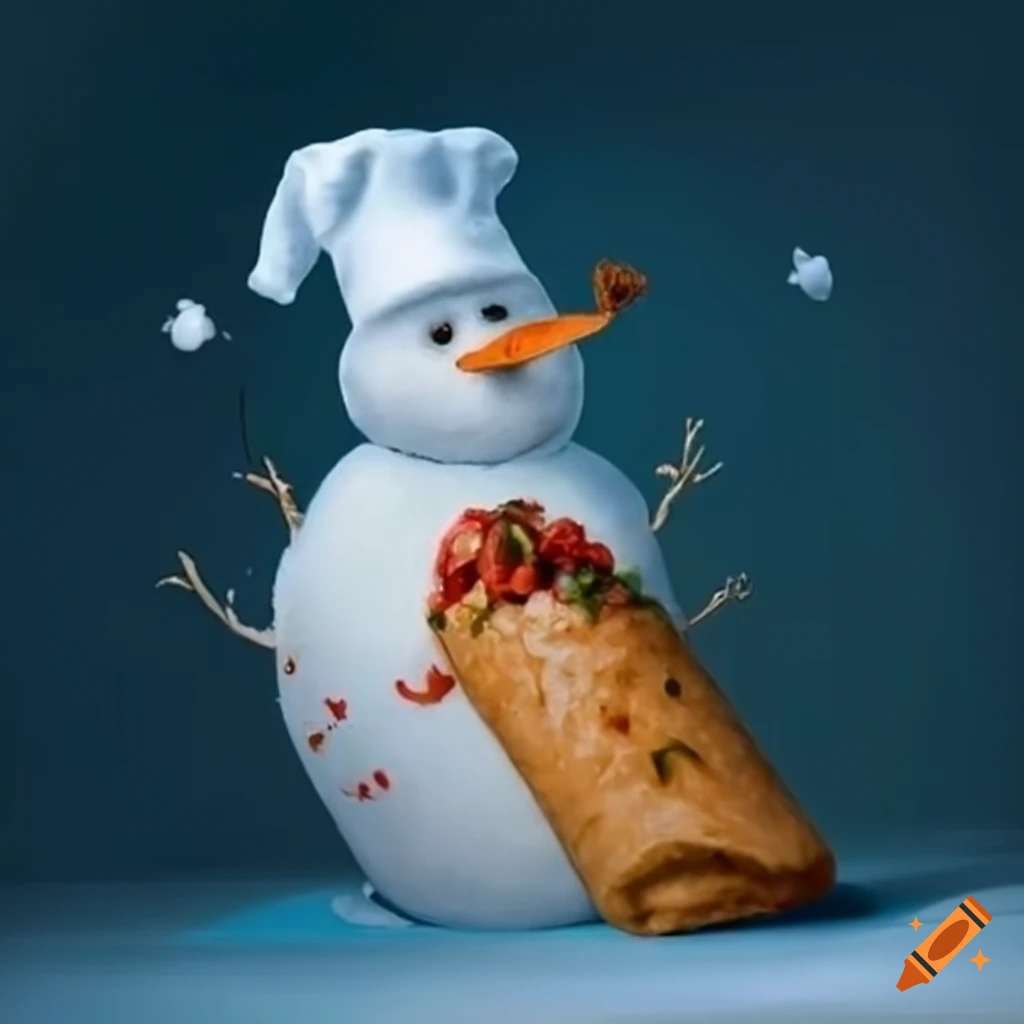 Snowman wearing a chef's hat and holding a giant burrito on Craiyon