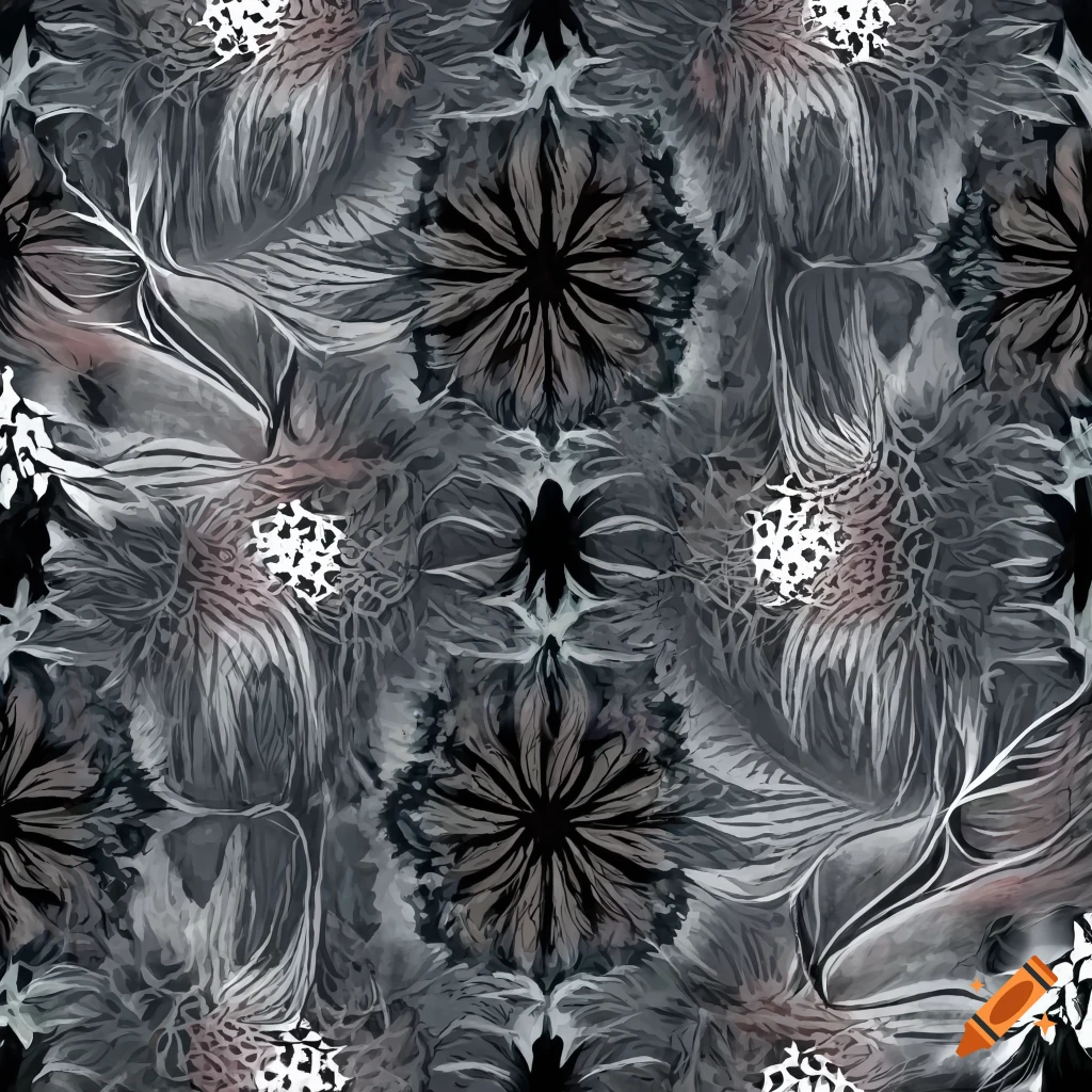 Abstract repeat design with grey leaves, white flowers, and non ...