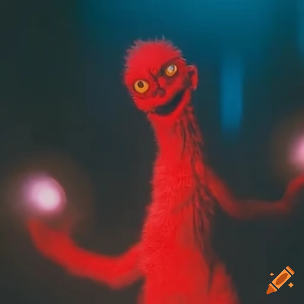 Red creature dancing in a 70s sitcom VHS style on Craiyon