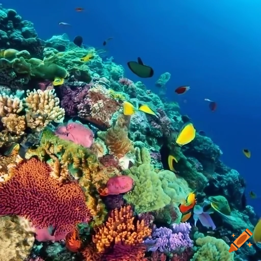 Colorful side view of coral reef with diverse coral varieties on Craiyon