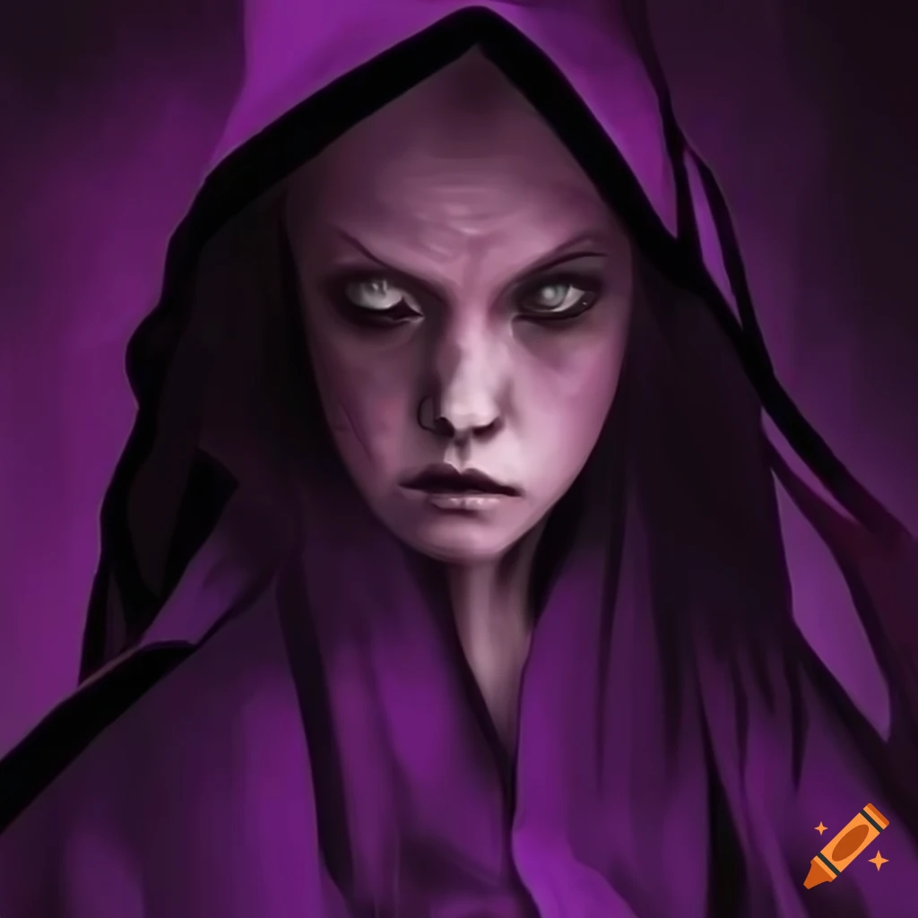 Sad witch in layers of purple cloaks and robes on Craiyon