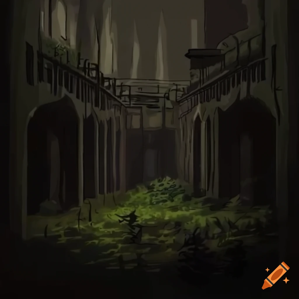 Dark prison built in a cave with mosses and plants in anime style on ...