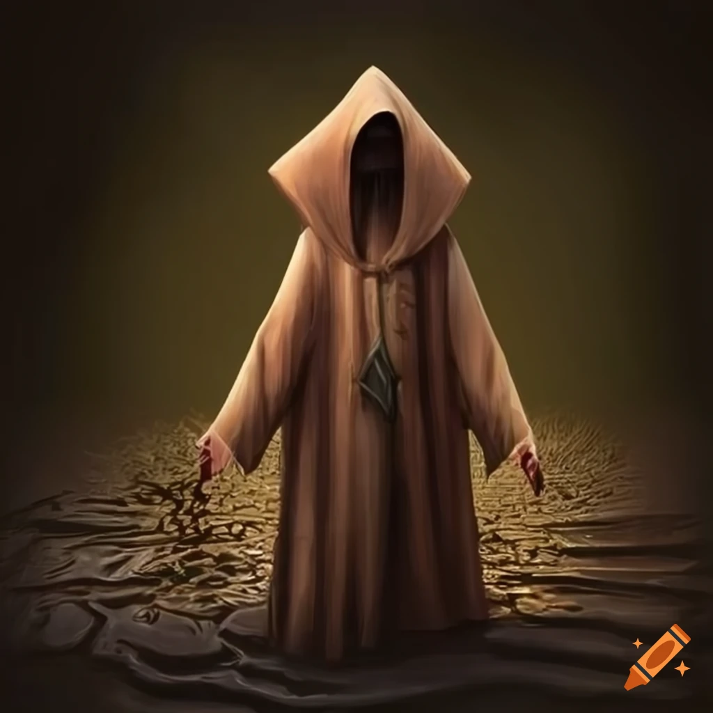 Wizard in a brown cloak surrounded by mud on Craiyon