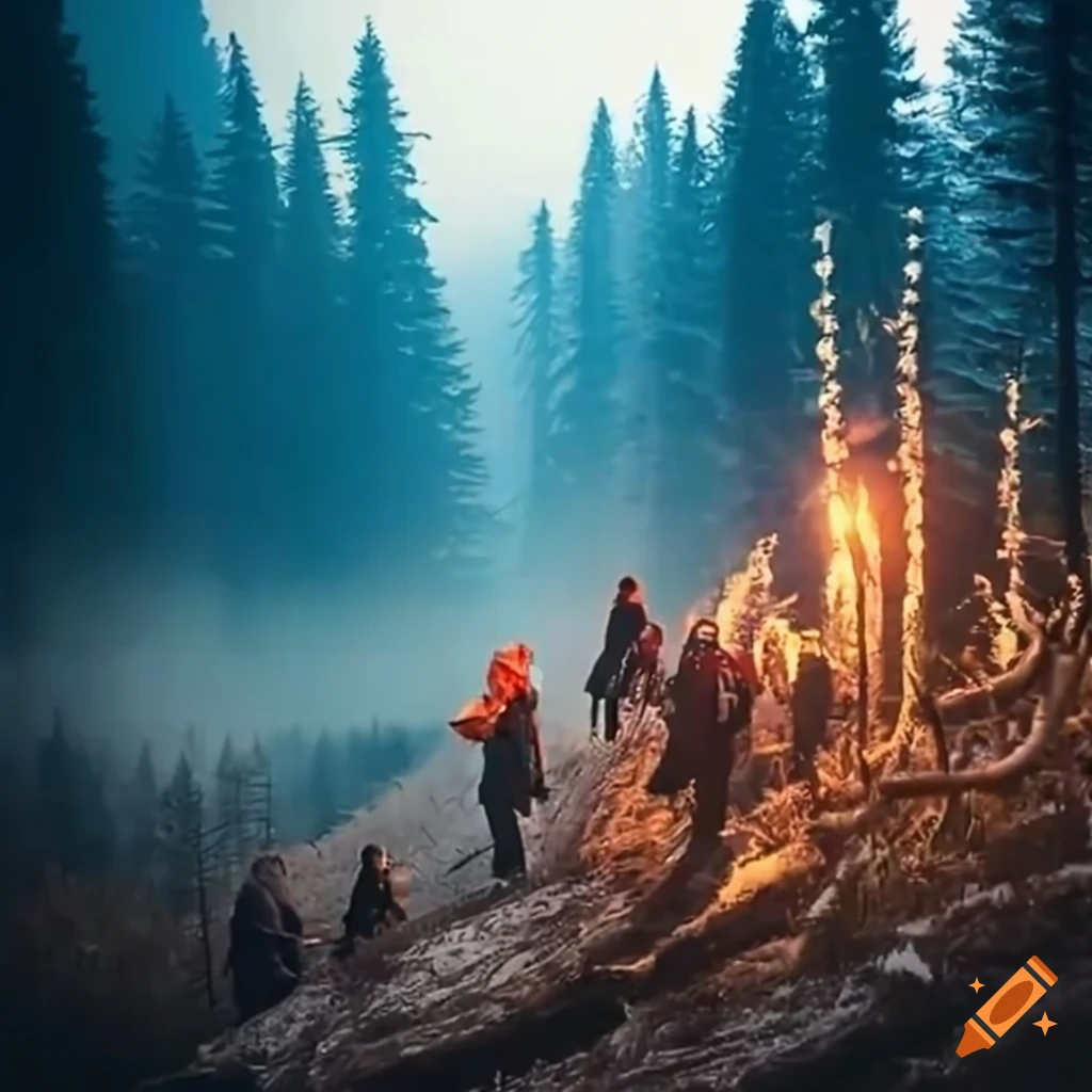 Group of people with reindeer watching forest workers in the mountain ...