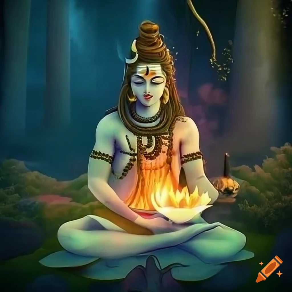 Shiva meditating in a beautiful forest under the moonlight with a lotus ...