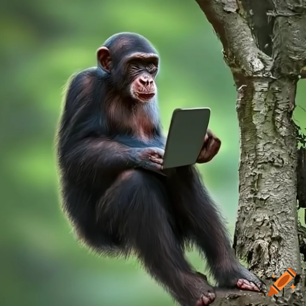 Chimp with a laptop sitting in a tree on Craiyon