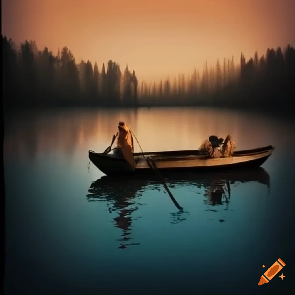 Man in a boat on a distant lake on Craiyon