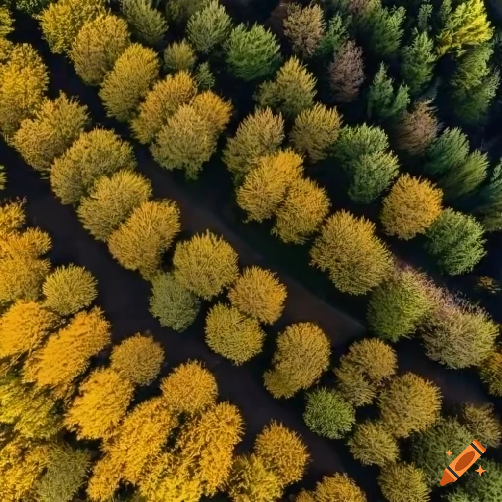 Aerial view of alternating rows of yellow trees and dark green pines on ...