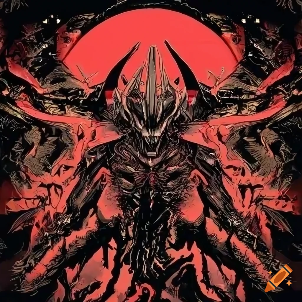 Fluorescent red demonic black dragon emerging from the moon in a ...