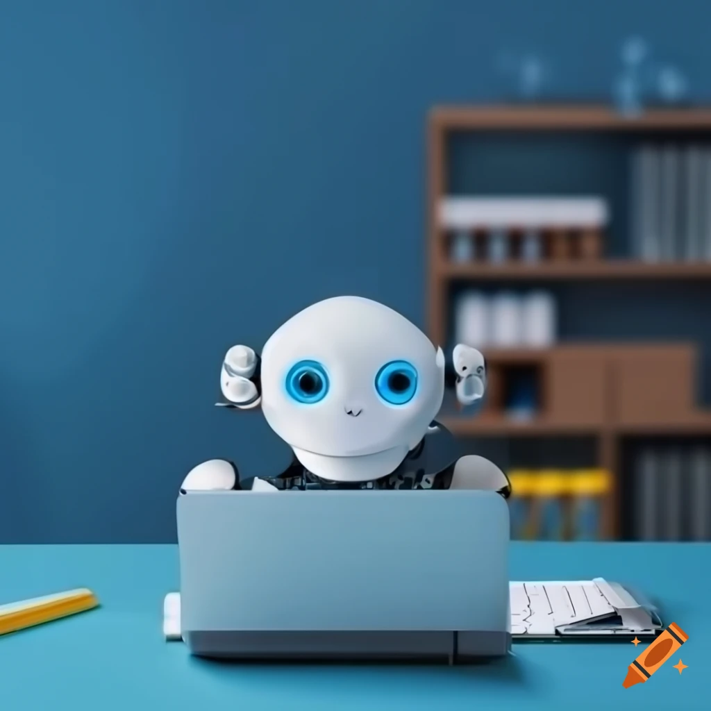 Cute robot working on a computer with a smile in an office setting on ...