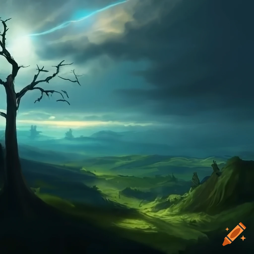 Somber landscape with rolling green hills, dark clouds, and a single ...