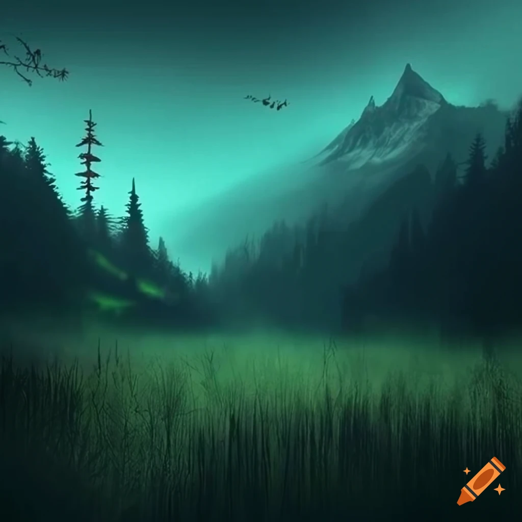 Cinematic, colorful high contrast digital art of a mountain, grass, and ...