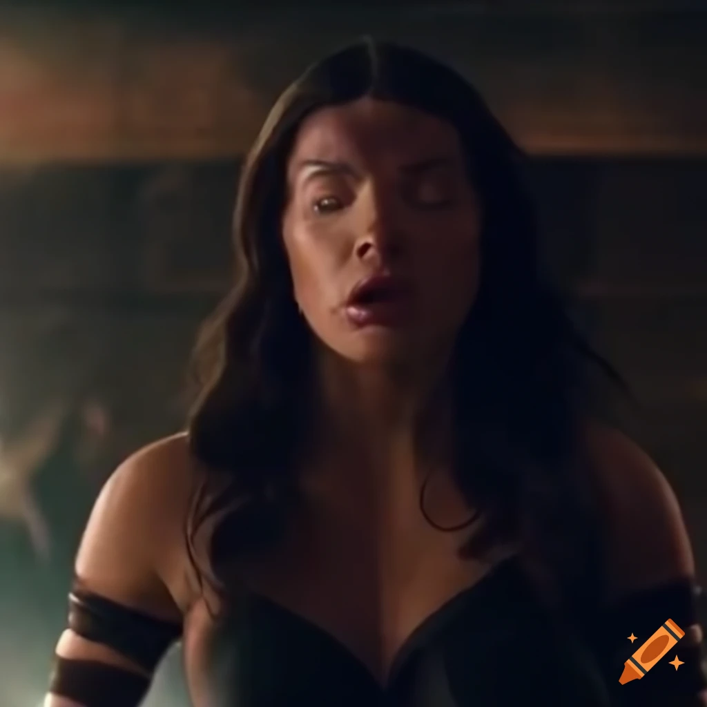 Bruised superheroine elektra spinning in a live action show on Craiyon