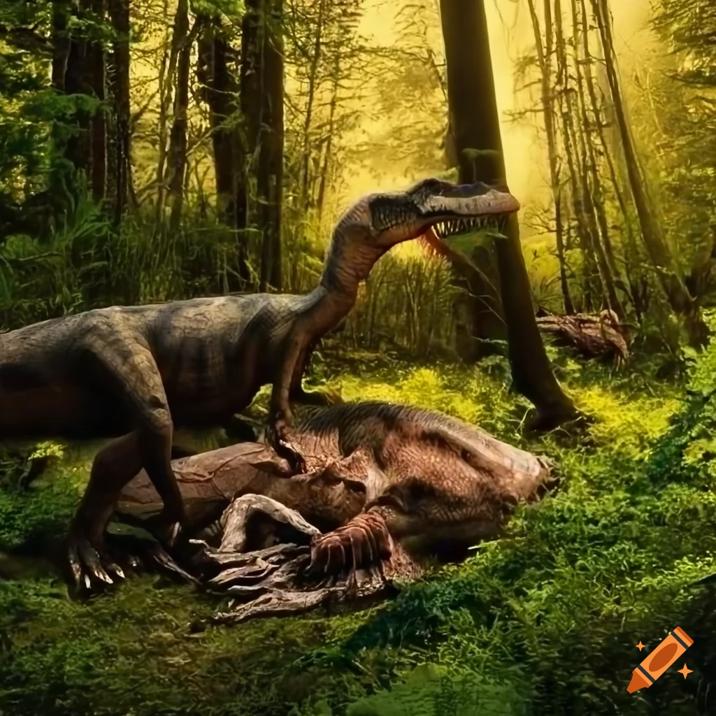 Dilophosaurus next to their dead prey in a british columbia landscape ...