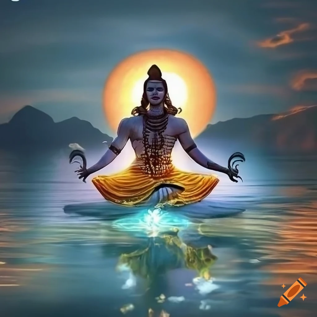Shiva meditating in a beautiful forest under the moonlight with a lotus ...