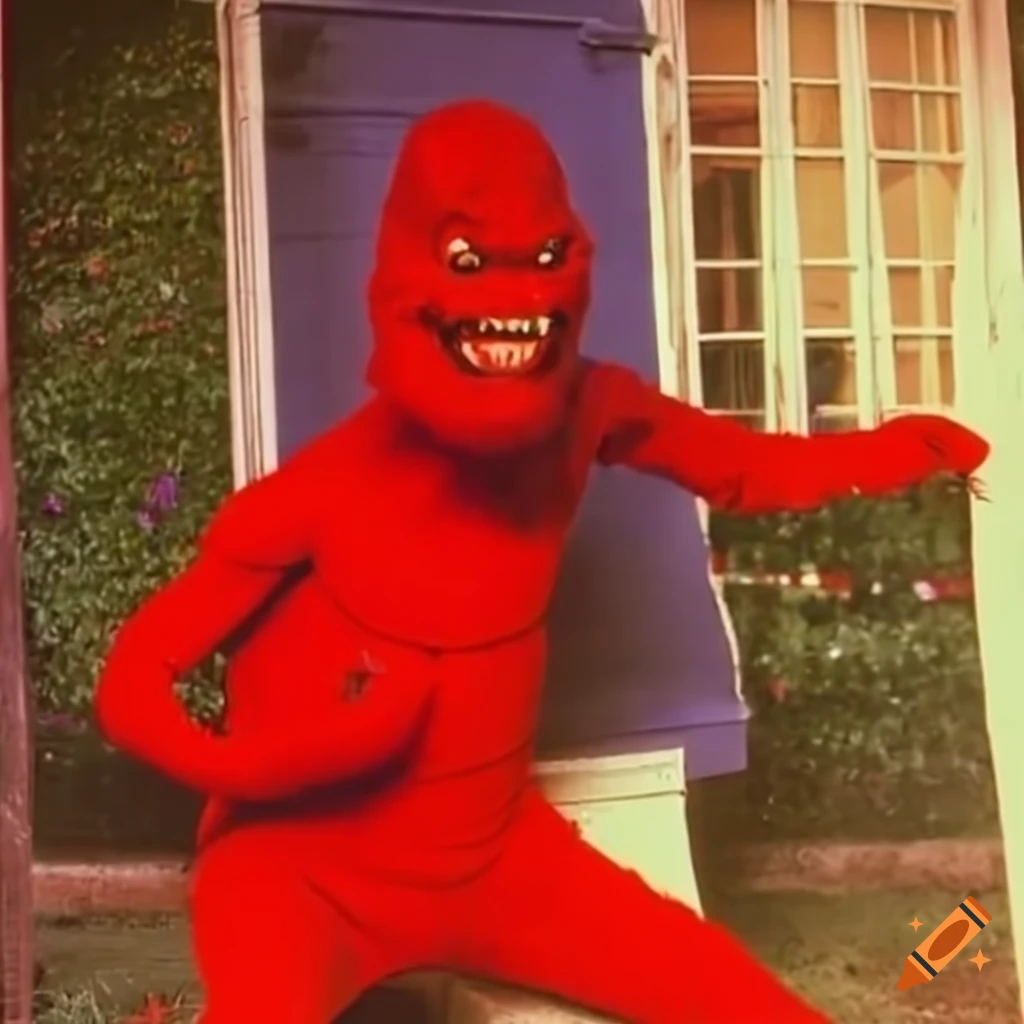 Red creature dancing in a 70s sitcom vhs style on Craiyon