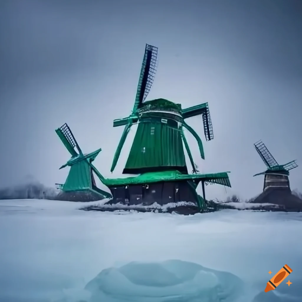 Post-apocalyptic Zaanse Schans ruins frozen in ice during a snow storm ...