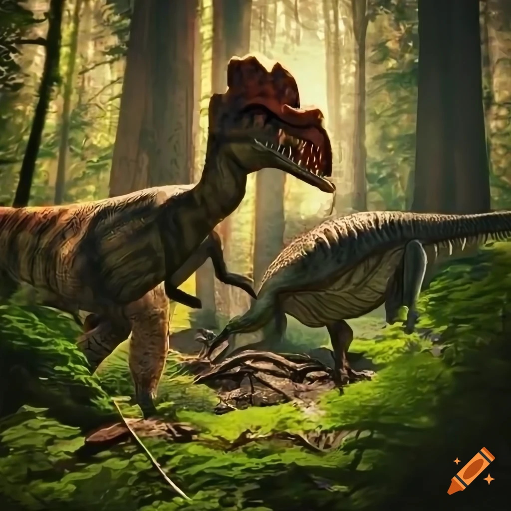 Detailed dilophosaurus with dead dinosaur prey in a cedar forest clearing on Craiyon