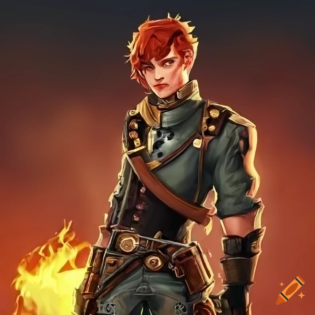 Male fire genasi gunslinger with steampunk gun and fire in hand on Craiyon