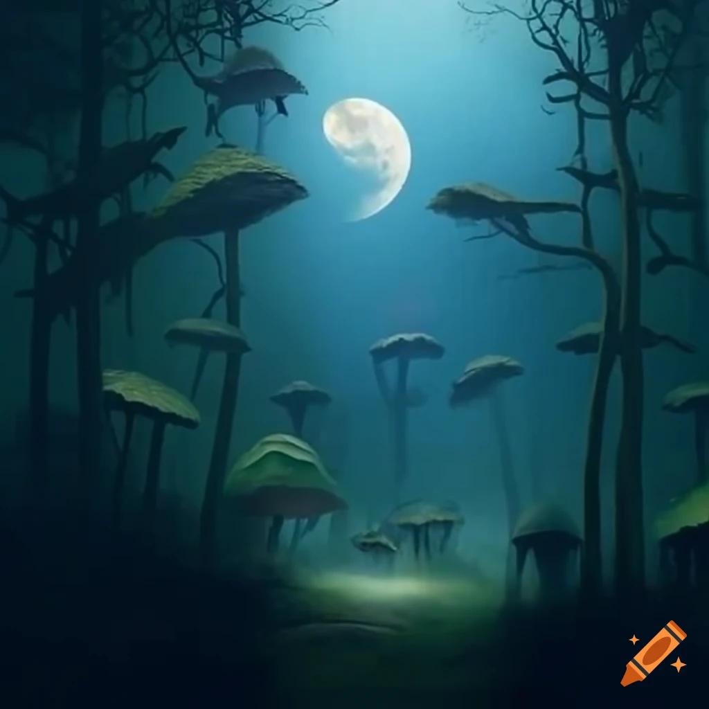 Ethereal moonlit forest with frolicking elves and mushroom trees on Craiyon