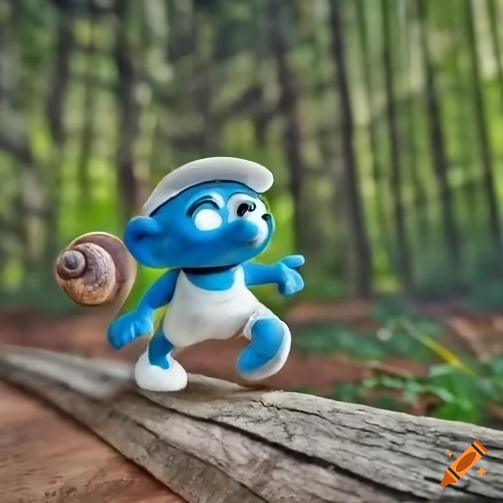 Cat-faced smurf carrying a snail in the forest on Craiyon