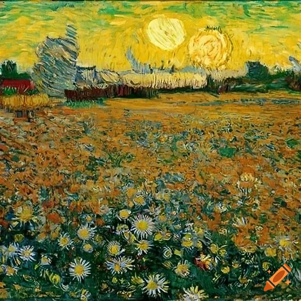 Aster flower field with the sun shining in a van gogh painting on Craiyon