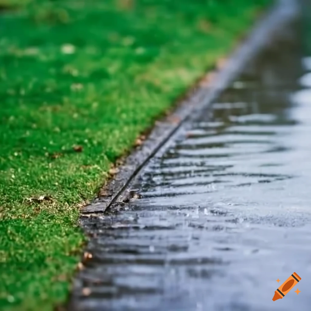 Water running down a suburban street and lawn due to a leaky sprinkler ...