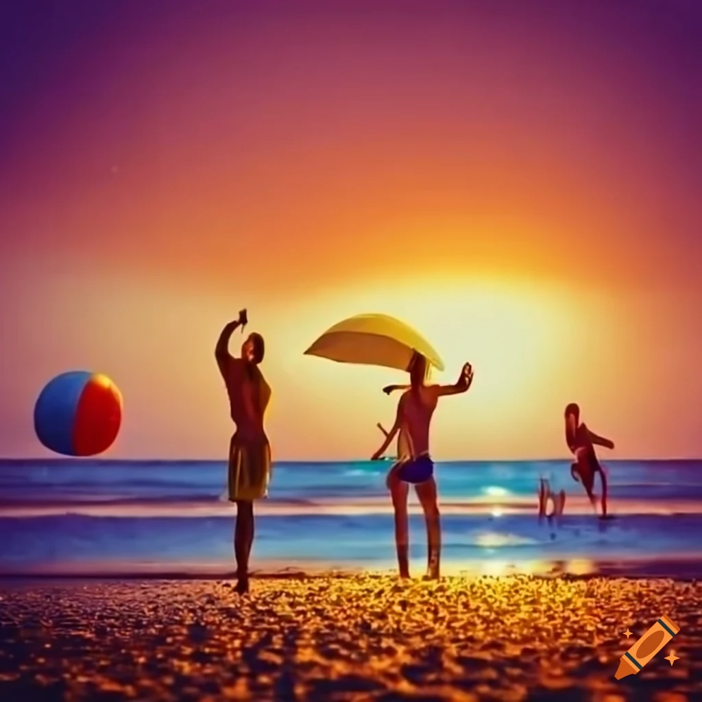 Beach party at sunset with colorful umbrellas and beach balls on Craiyon
