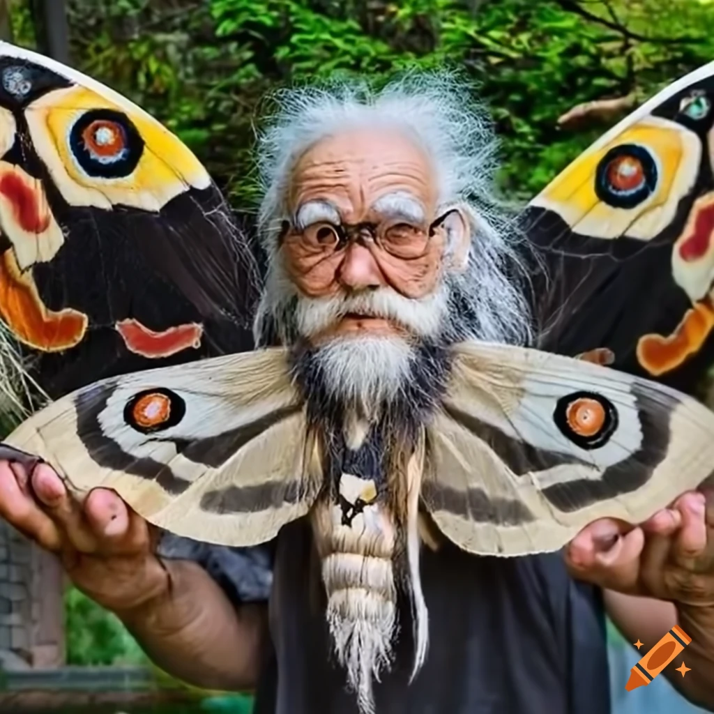 Elderly man riding Mothra the giant Japanese moth monster on Craiyon
