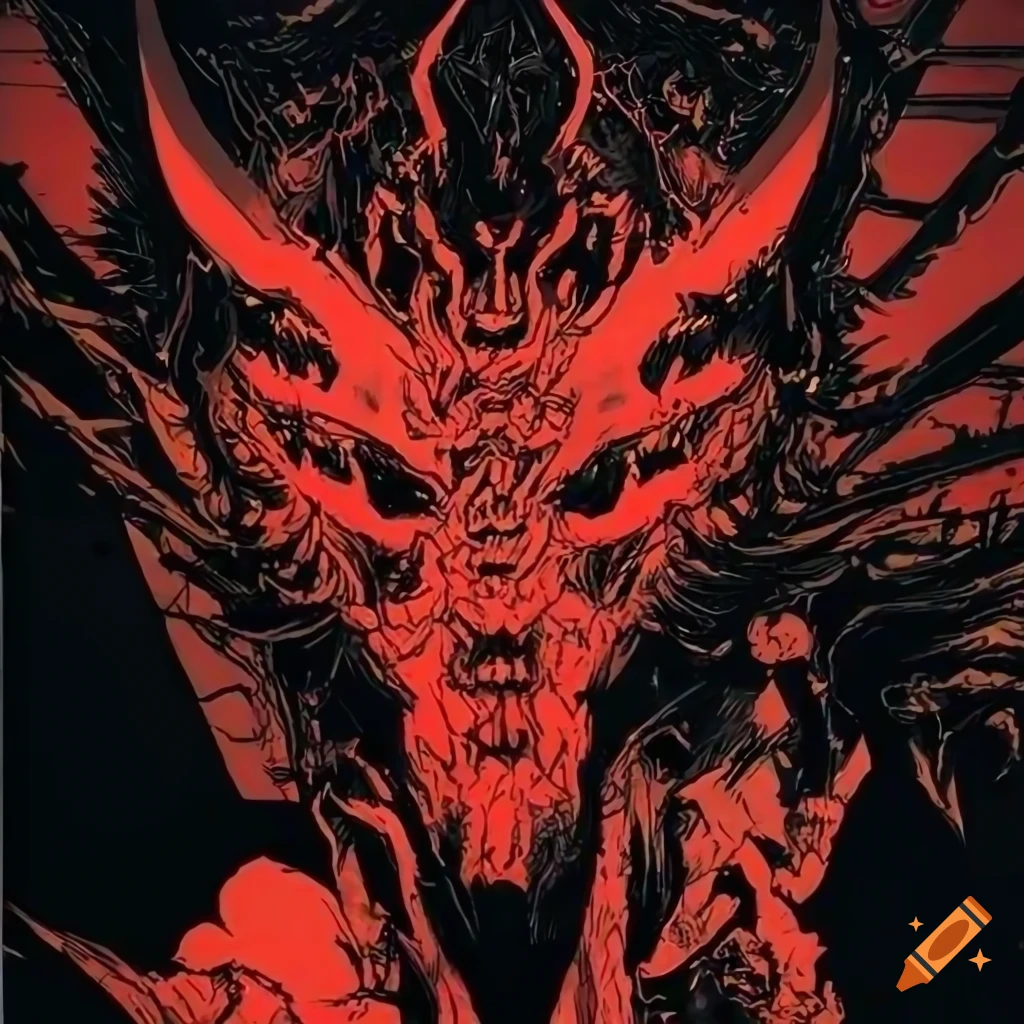 Fluorescent black and red demonic dragon emerging from the moon with a ...