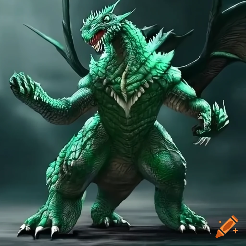Muscular ashy green dragon headed kaiju on Craiyon