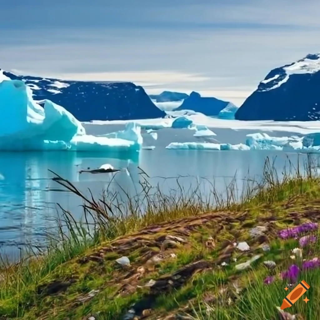 Greenland in spring with seashore, icebergs, and blooming flowers on ...