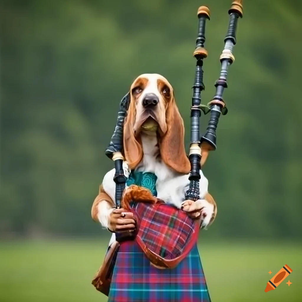 Charming basset hound playing bagpipes in Scottish tartan setting on ...