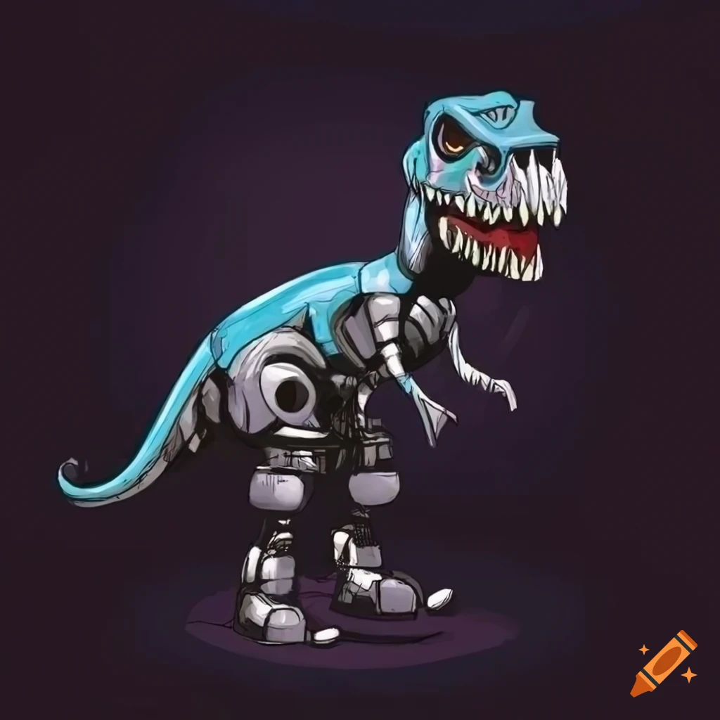 Robot riding angry t-rex in bold comic book style on Craiyon
