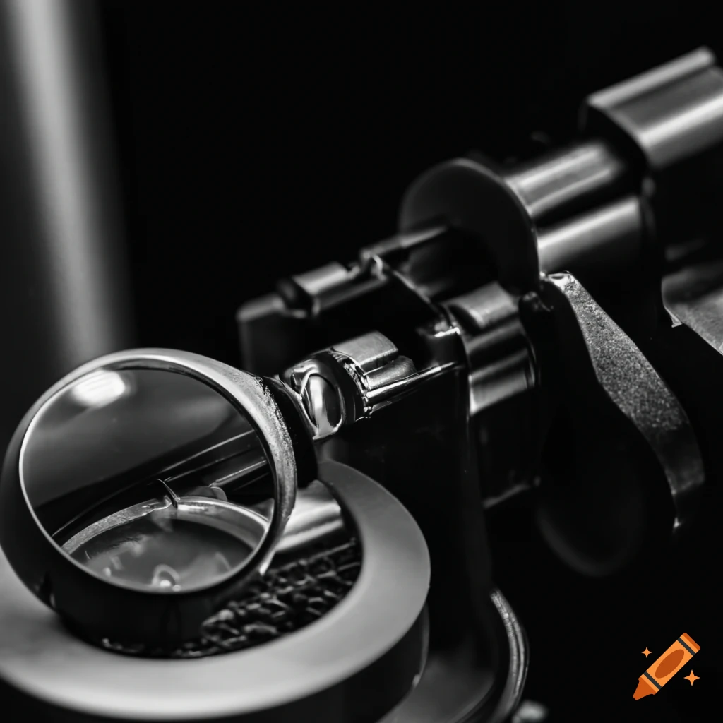 Close-up of a small complex mechanical product under expert ...