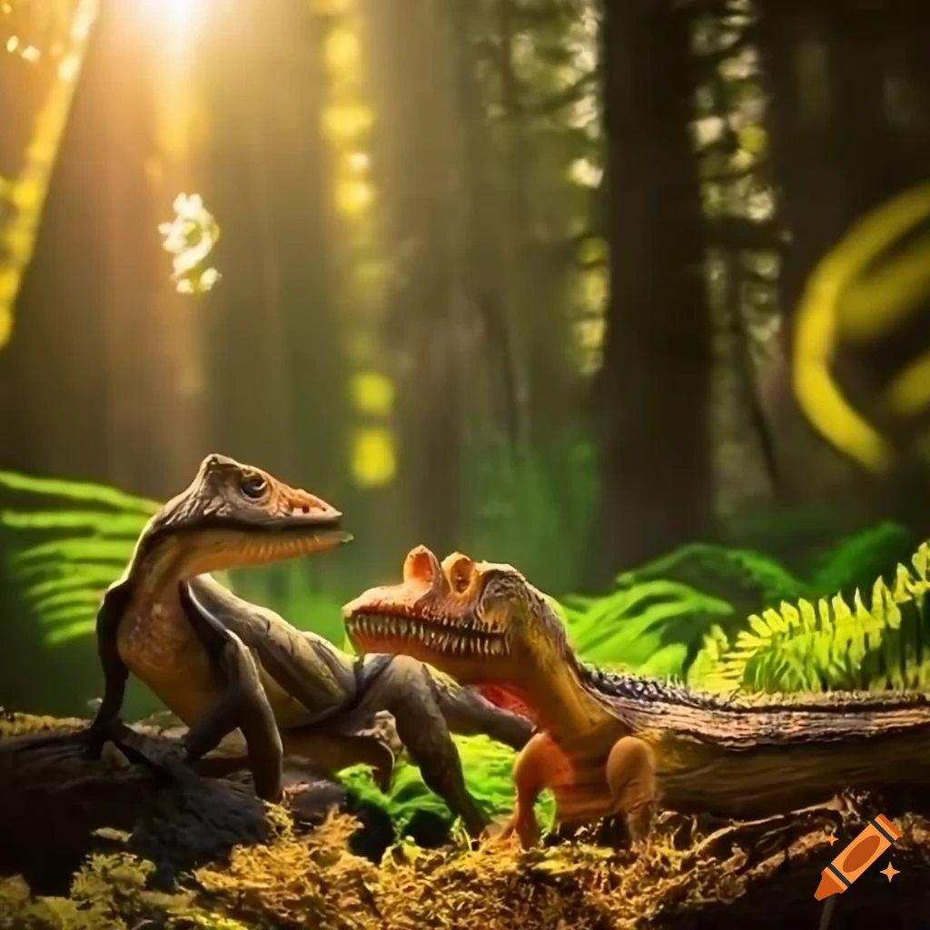 Striped dilophosaurus with dead prey in a British Columbia landscape on ...