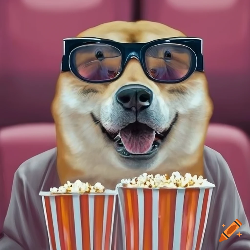 Realistic portrait of a doge with glasses eating popcorn in a movie ...