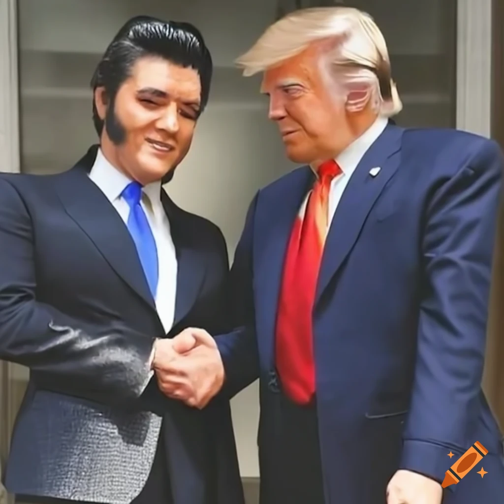 Satirical image of donald trump and elvis shaking hands on Craiyon