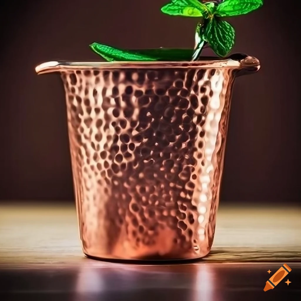 Copper cocktail glass with ice, mint leaf, and lemon slice in a night ...