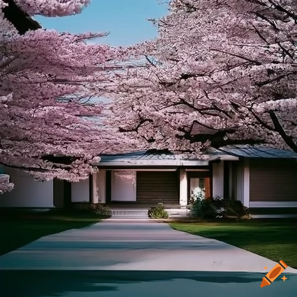 Beautiful modern house surrounded by cherry blossom trees on Craiyon