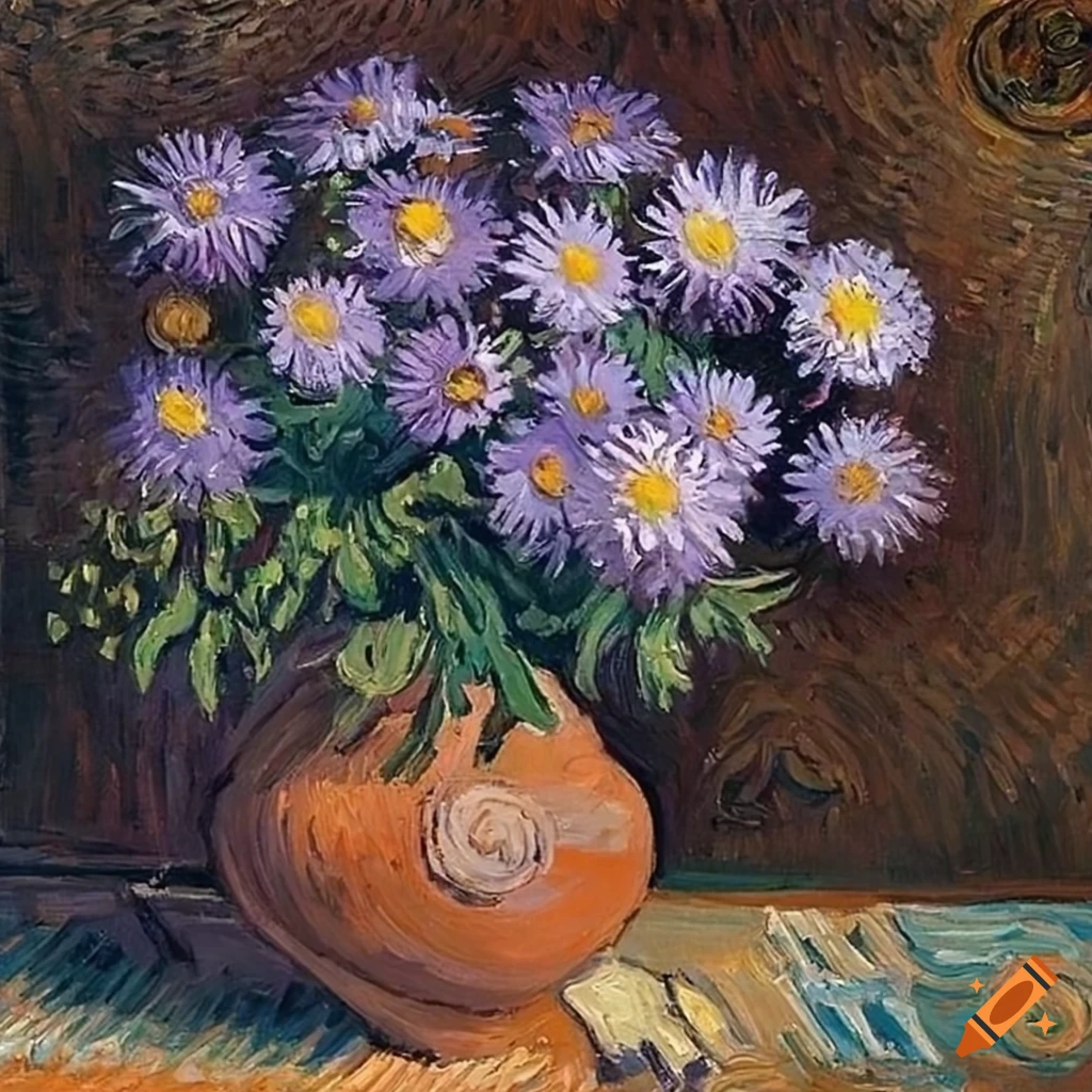 Oil painting of purple aster flowers in a terracotta pot by Vincent van ...