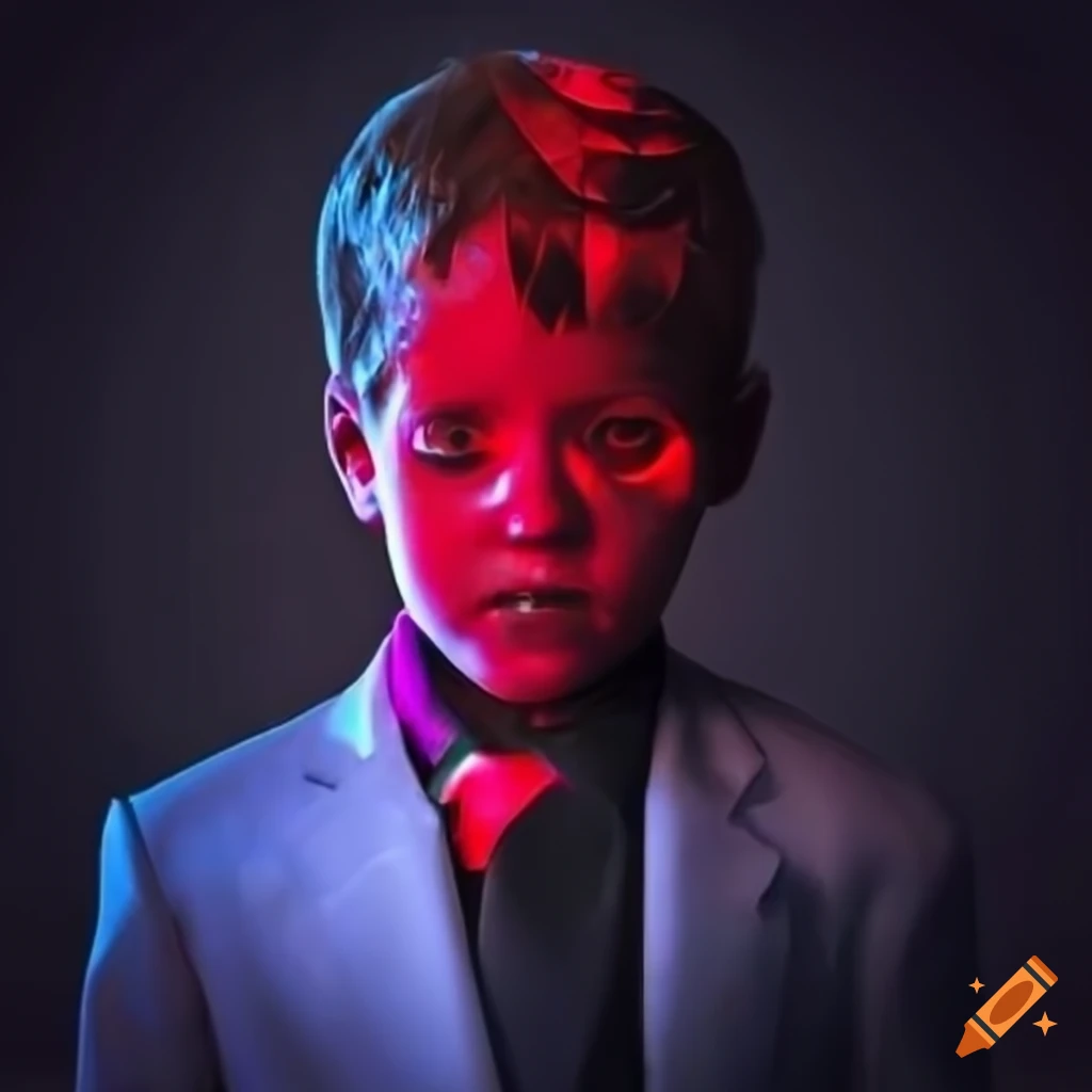Boy with glowing red eyes in a fancy suit on Craiyon