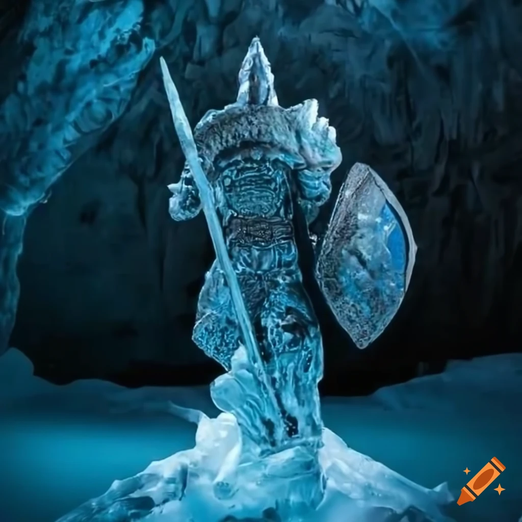 Ice king warrior statue holding lance in an ice cave on Craiyon